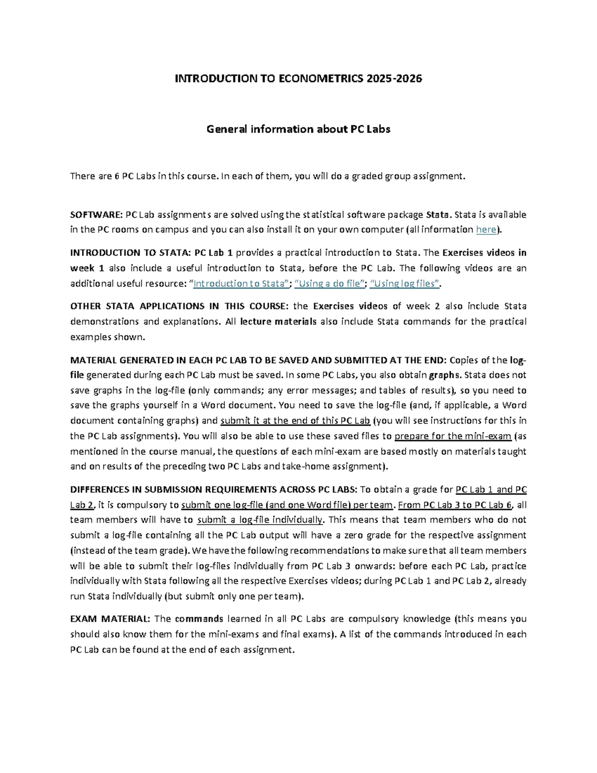 ECON 101: Overview of PC Labs and Stata Assignments - Studeersnel