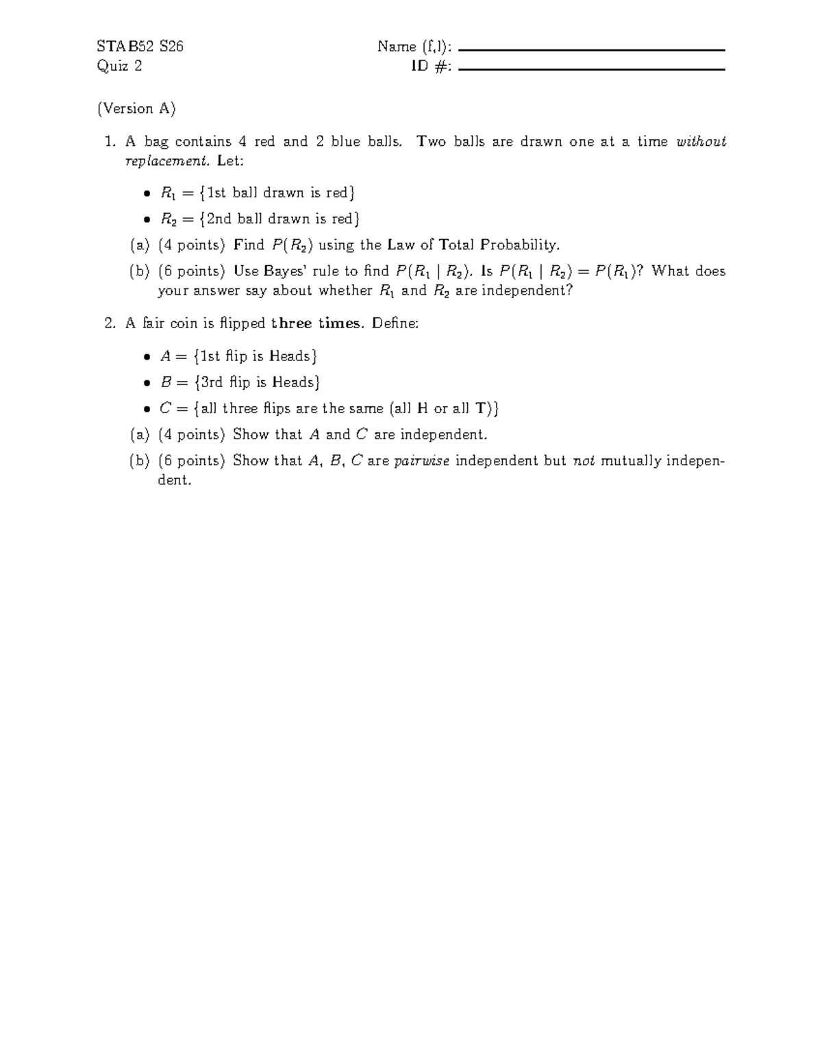 STAB52 F26 Quiz 2 Version A - Practice Test on Probability - Studocu