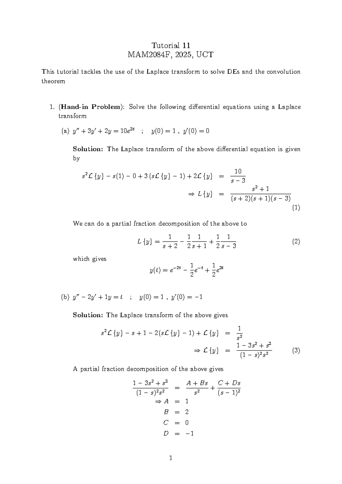 Tutorial 11 Memo MAM2084F: Laplace Transforms & Convolution Theorem ...