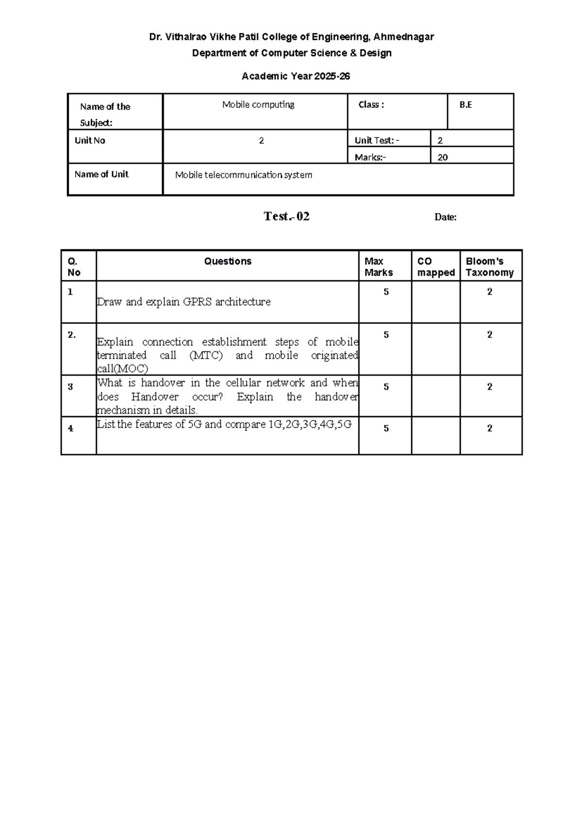 Mobile Computing Unit Test 2 - B.E. 20 Marks - Studocu