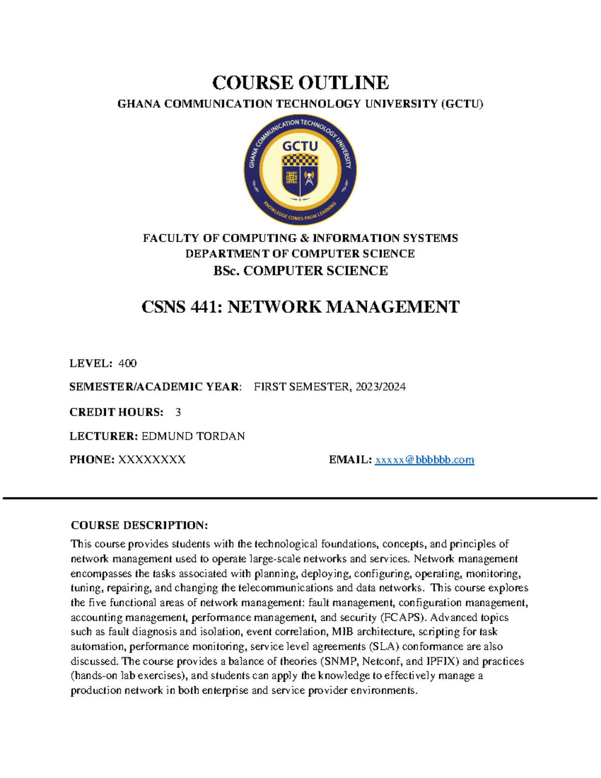 Course Outline-Network Management - COURSE OUTLINE GHANA COMMUNICATION ...