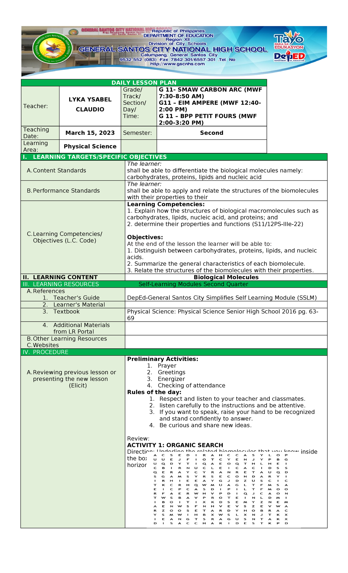 Physci 11 - Week 4 Lesson Plan on Biological Molecules and Properties ...