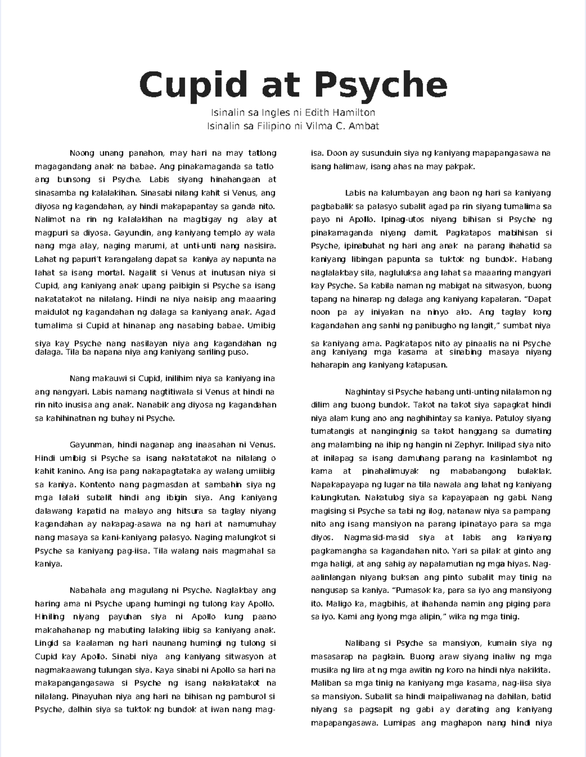 Pagsasalin ng Cupid at Psyche: Kuwento ni Edith Hamilton - Studocu