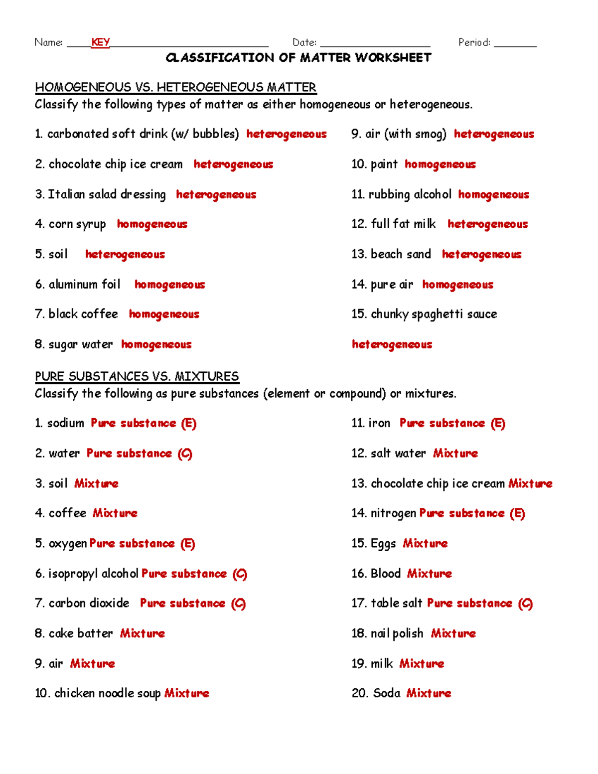 Classification of Matter Worksheet Answer KEY - Studocu