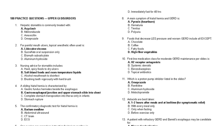 100 Practice Questions for Upper GI Disorders (Nursing Exam Prep) - Studocu