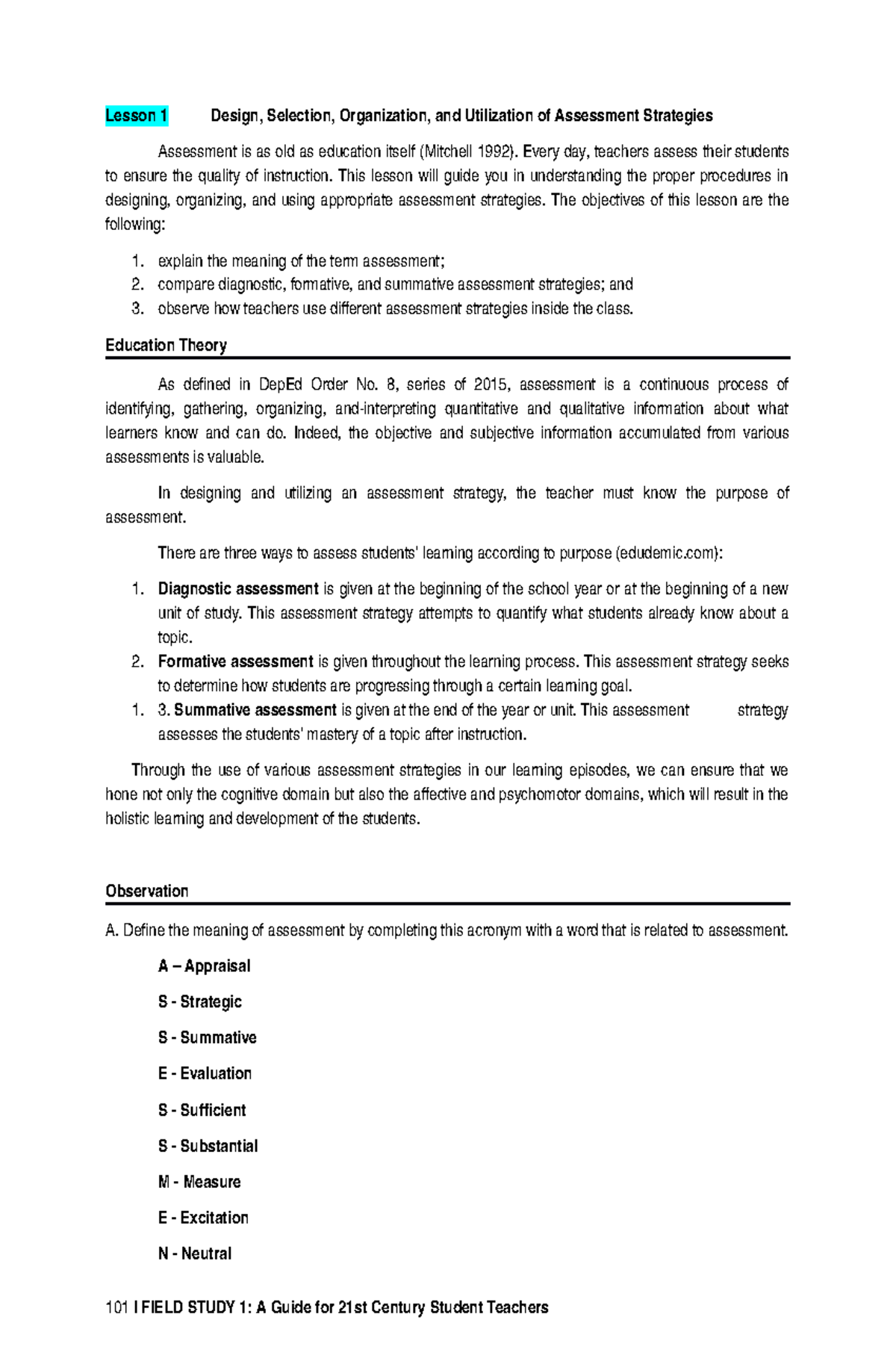 FS Chapter 5 Lessons on Assessment Strategies and Learner Evaluation ...