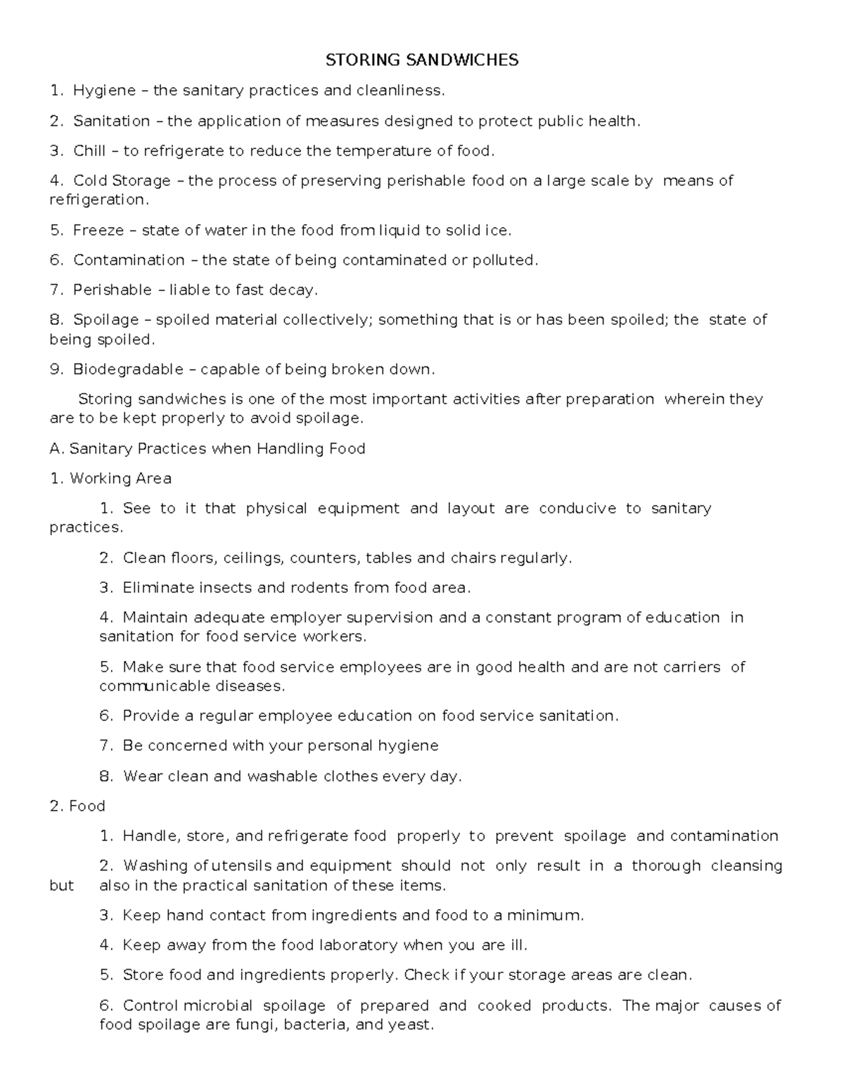 STORING SANDWICHES: Hygiene & Sanitation Practices Summary - Studocu