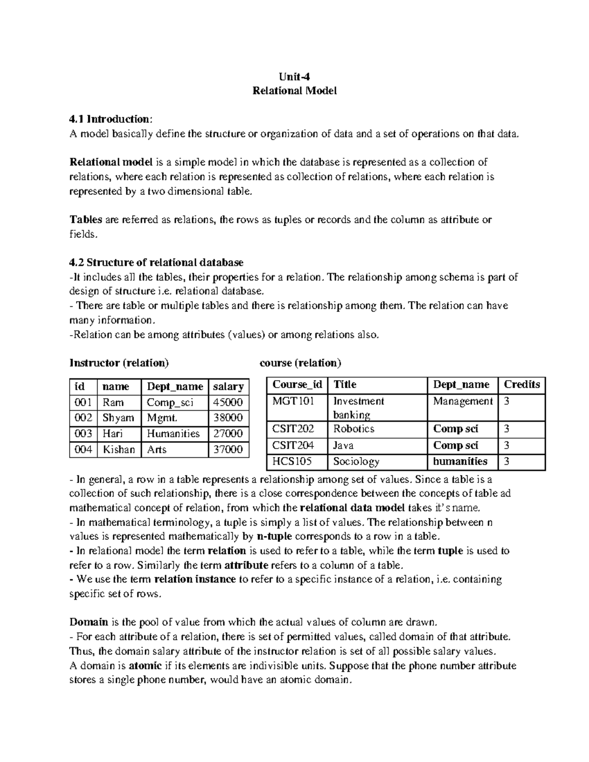 Unit4 - Relational Database Model Notes and Schema Overview - Studocu