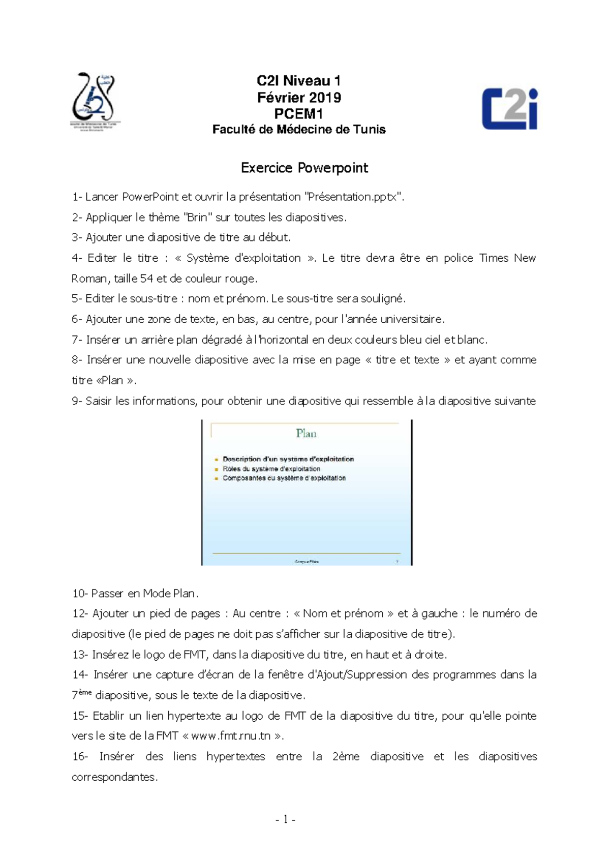 C2I Niveau 1 - Exercice PowerPoint PCEM1 - Février 2019 - Studocu