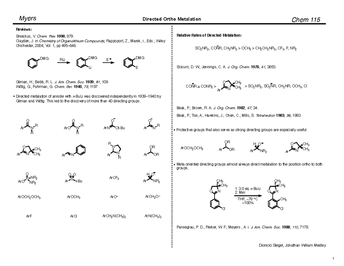 Myers Directed Ortho Metalation Overview for Chem 115 - Studocu
