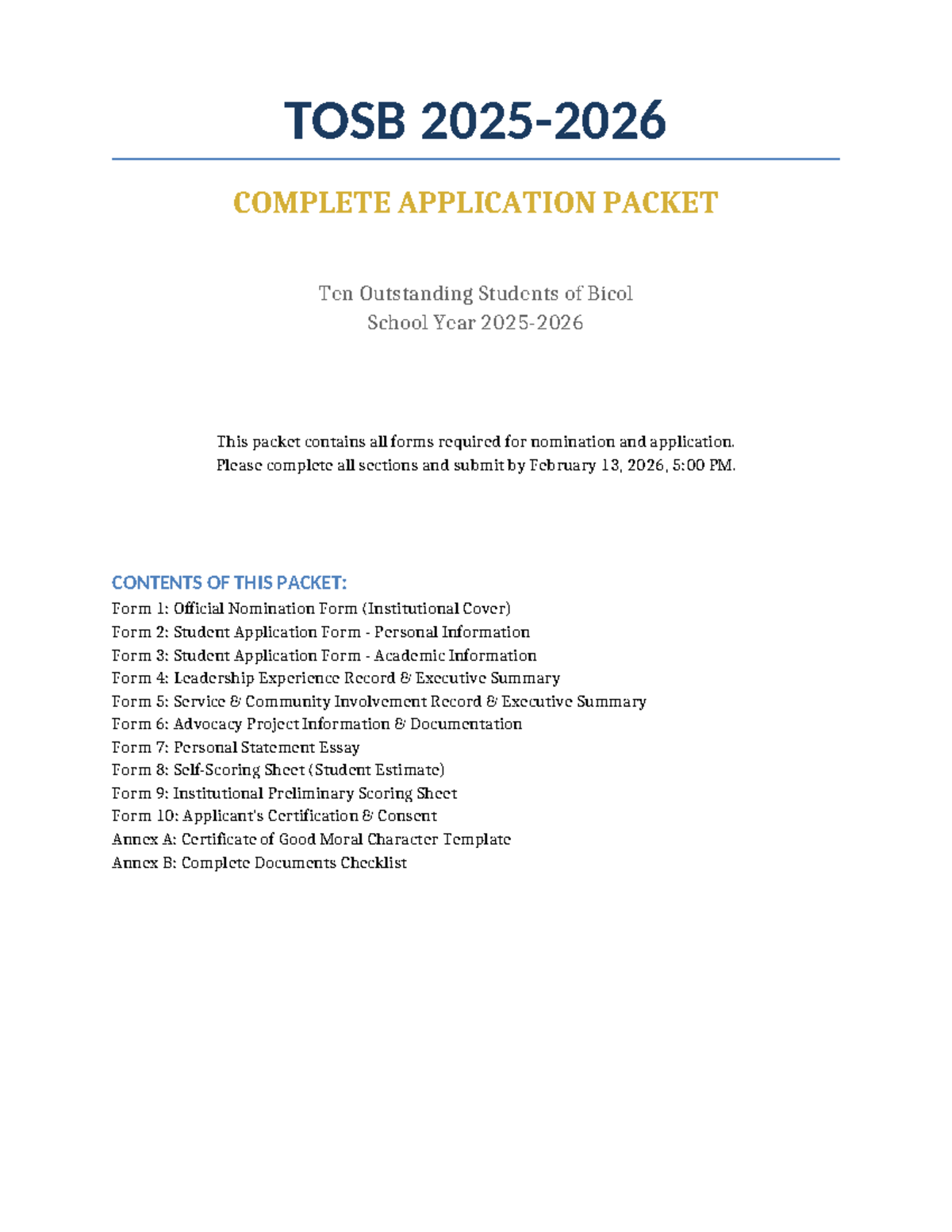 TOSB Complete Application Packet for Outstanding Students 2026 - Studocu