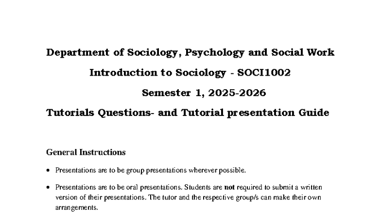 SOCI1002 Semester 1 Tutorial Presentation Guide and Questions - Studocu