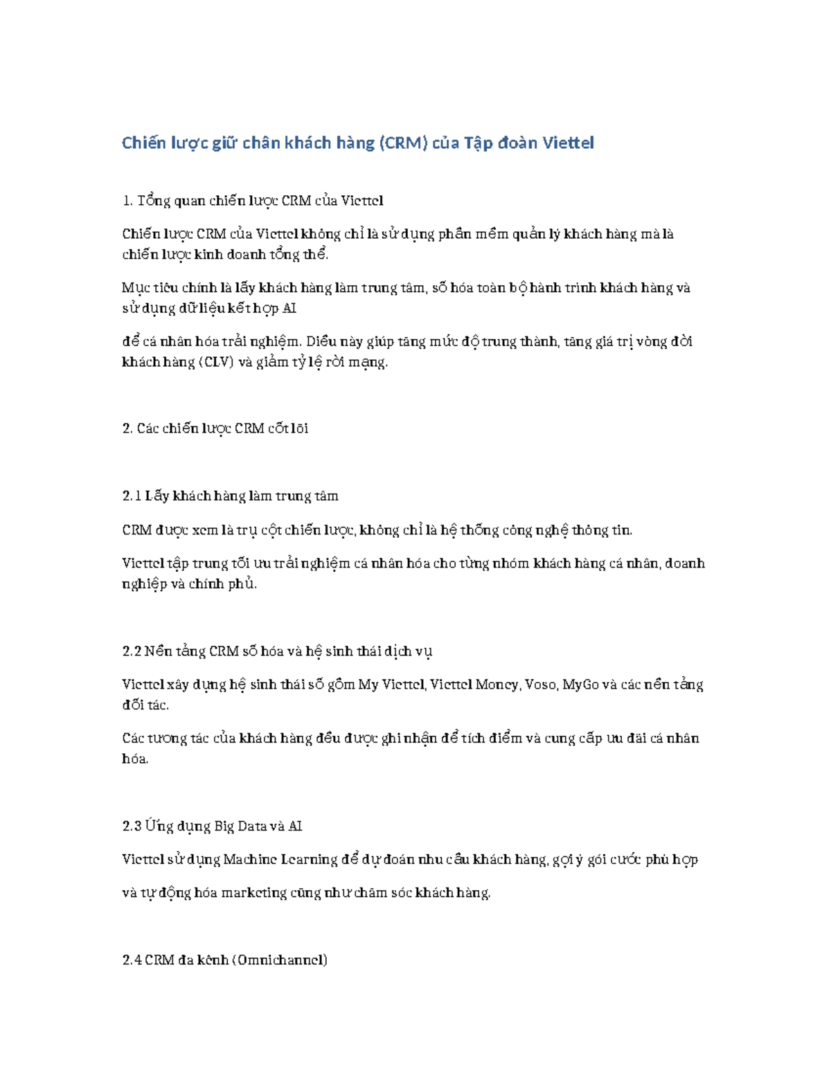 Chiến lược CRM của Viettel: Tăng cường giữ chân khách hàng - Studocu