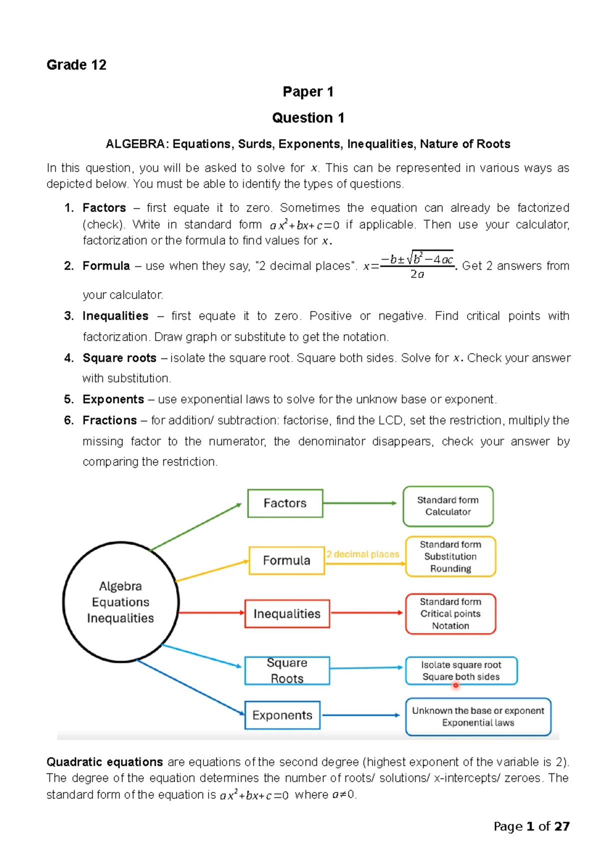 Grade 12 Math Paper 1: Solving Algebraic Equations & Inequalities - Studocu