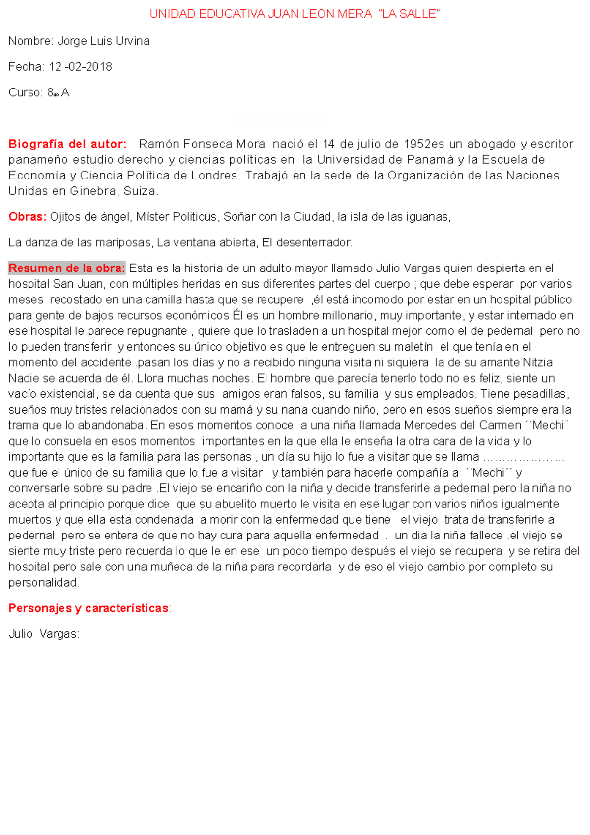 Resumen de la obra "Ojitos de ángel" - Curso 8vo A - Studocu