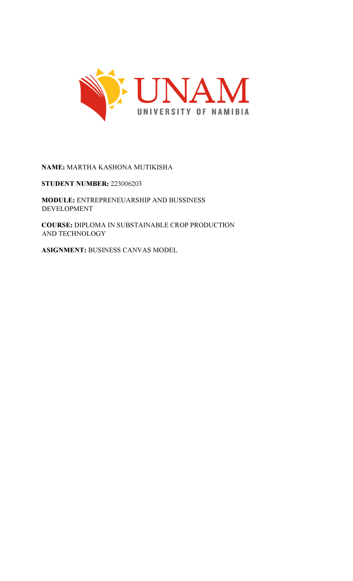 Martha's Business Canvas Model - Diploma in Sustainable Crop Production ...