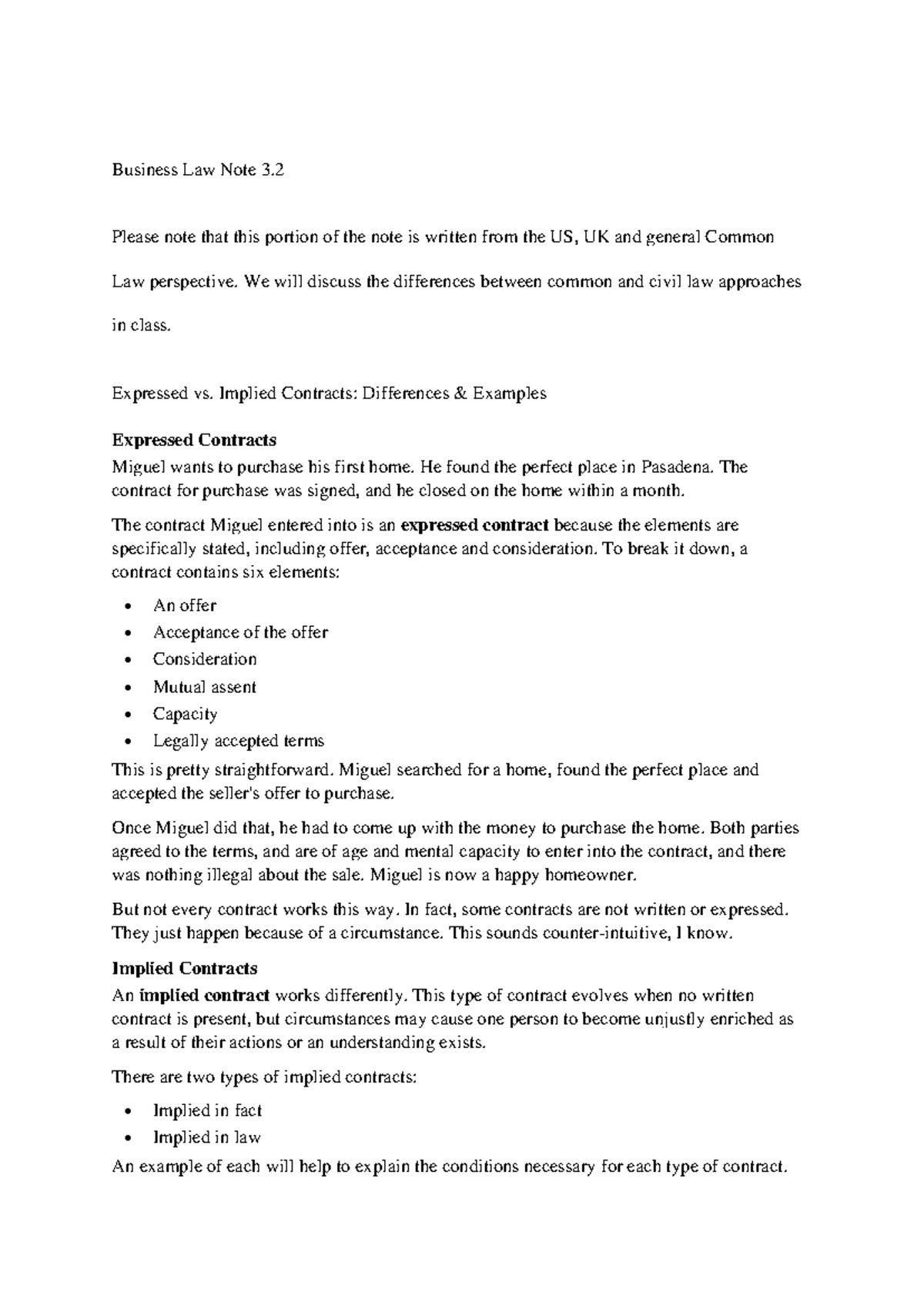 Business Law Note 3.2: Expressed vs. Implied Contracts Explained - Studocu