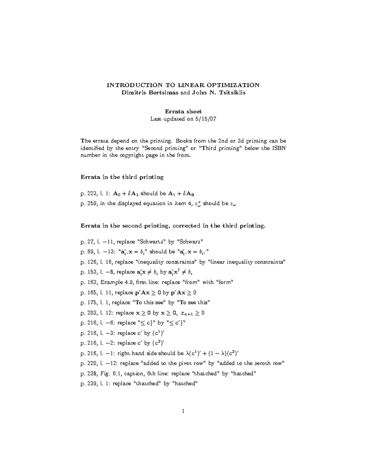 Introduction to linear optimization - INTRODUCTION TO LINEAR OPTIMIZATION Dimitris Bertsimas and ...