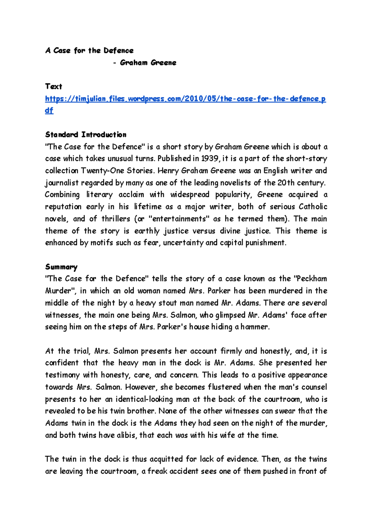 ENGL 202 - A Summary of "The Case for the Defence" by Graham Greene ...