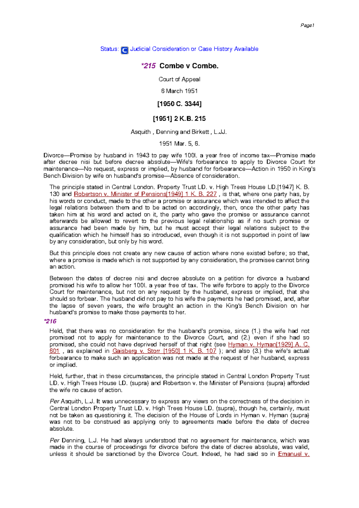 Combe v Combe: Court of Appeal Case Analysis (1951) - Studocu