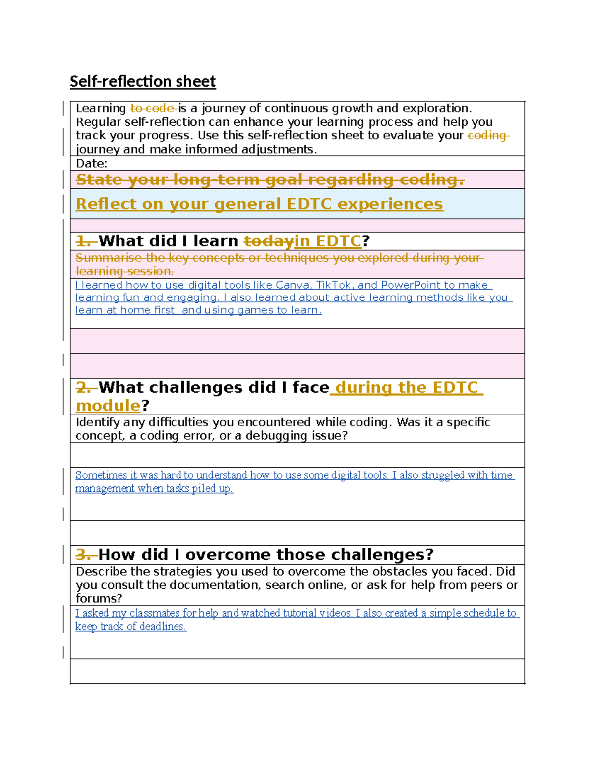 Self Reflection Guided Sheet 1: Enhancing EDTC Learning Journey - Studocu