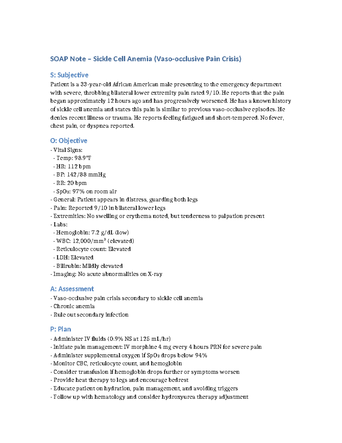 SOAP Note: Sickle Cell Anemia Pain Crisis Assessment & Plan - Studocu