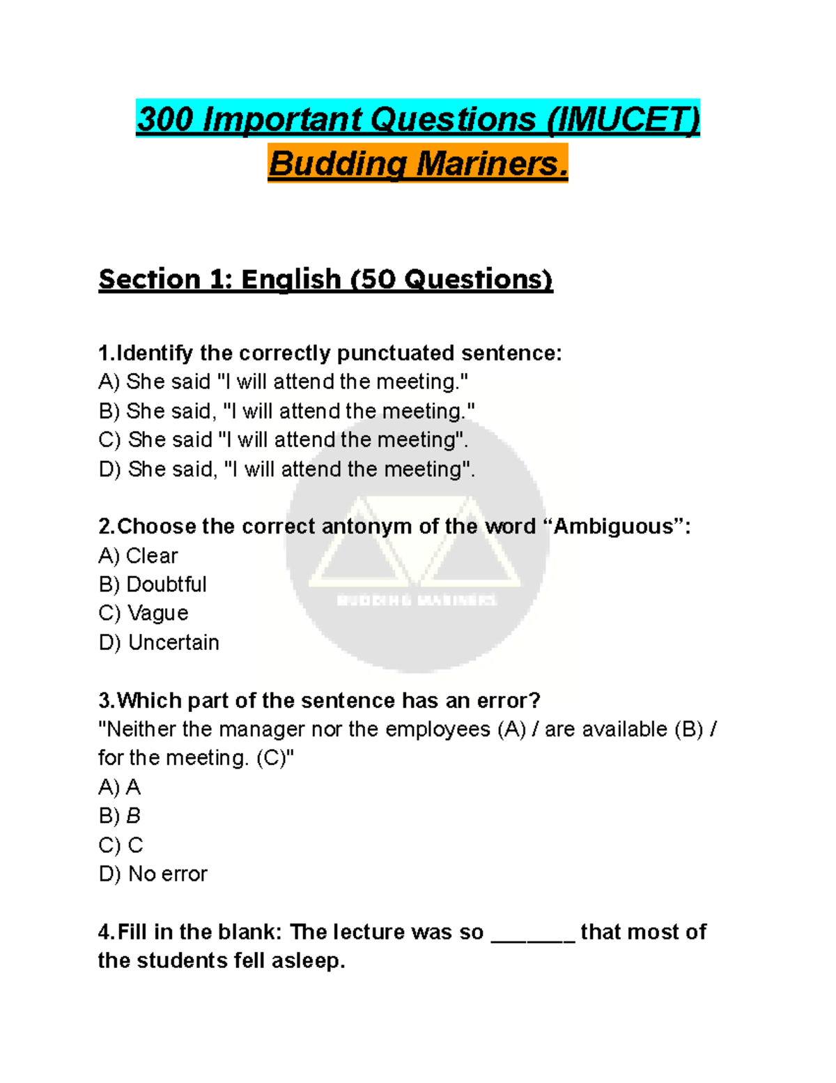 300 Must-Know Questions for IMUCET: English & G.K. Sections - Studocu