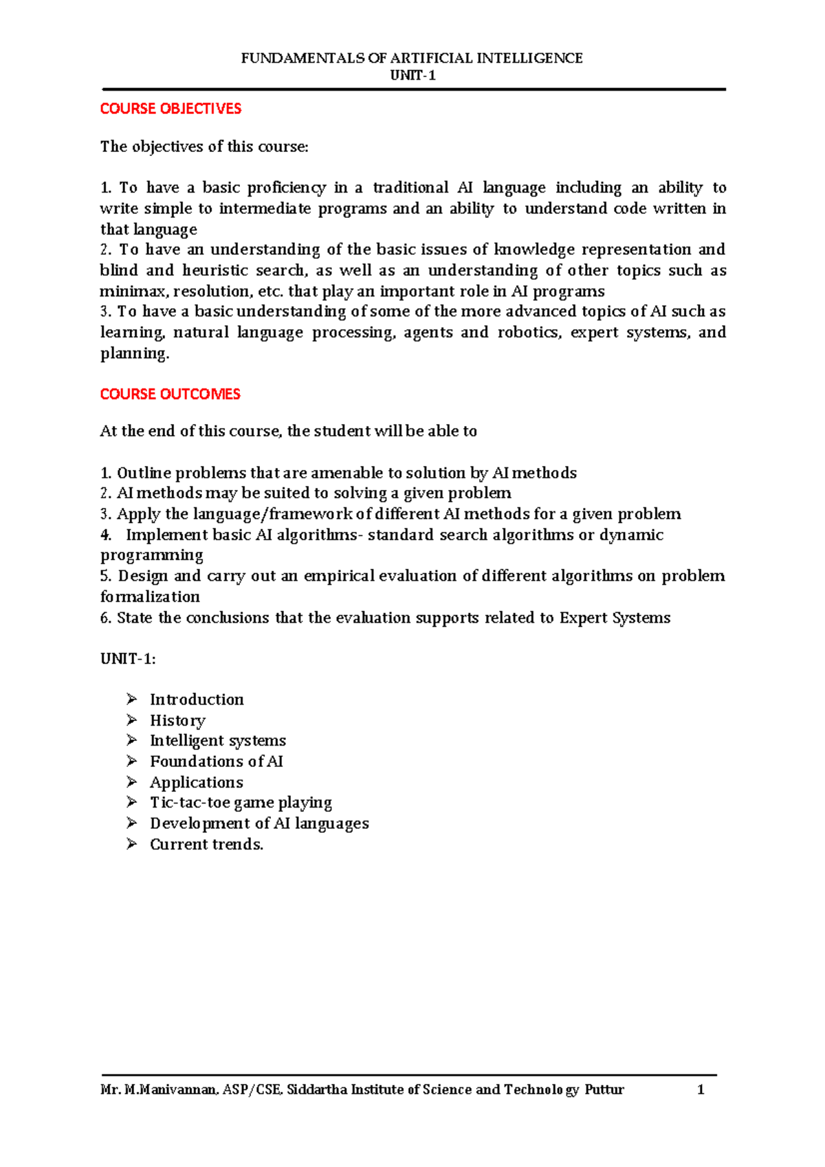 FAI - UNIT I: Fundamentals of Artificial Intelligence Overview - Studocu