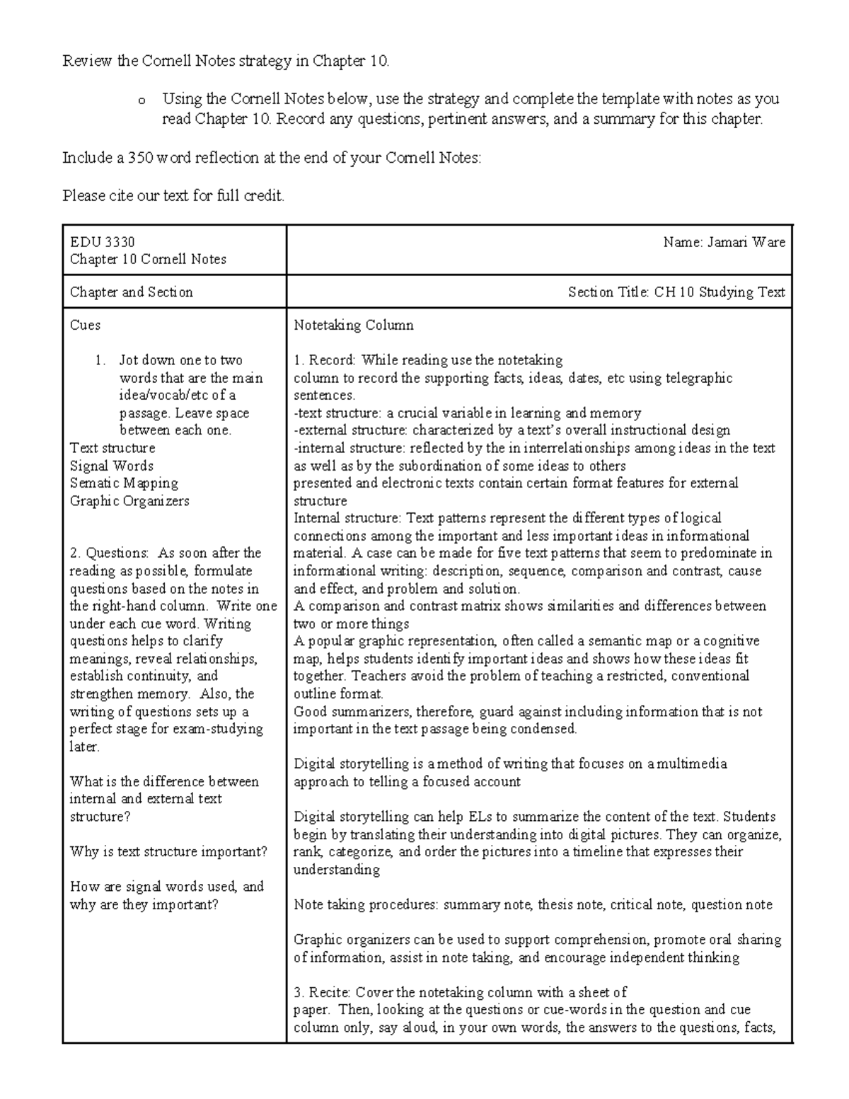 EDU 3330 Chapter 10 Cornell Notes & Reflection on Study Strategies ...
