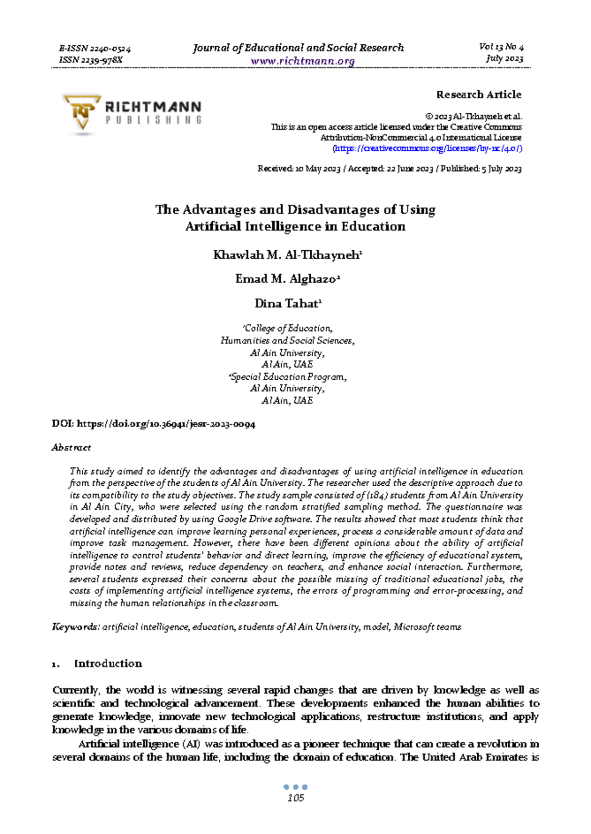 The Pros and Cons of AI in Education: Insights from Al Ain University ...