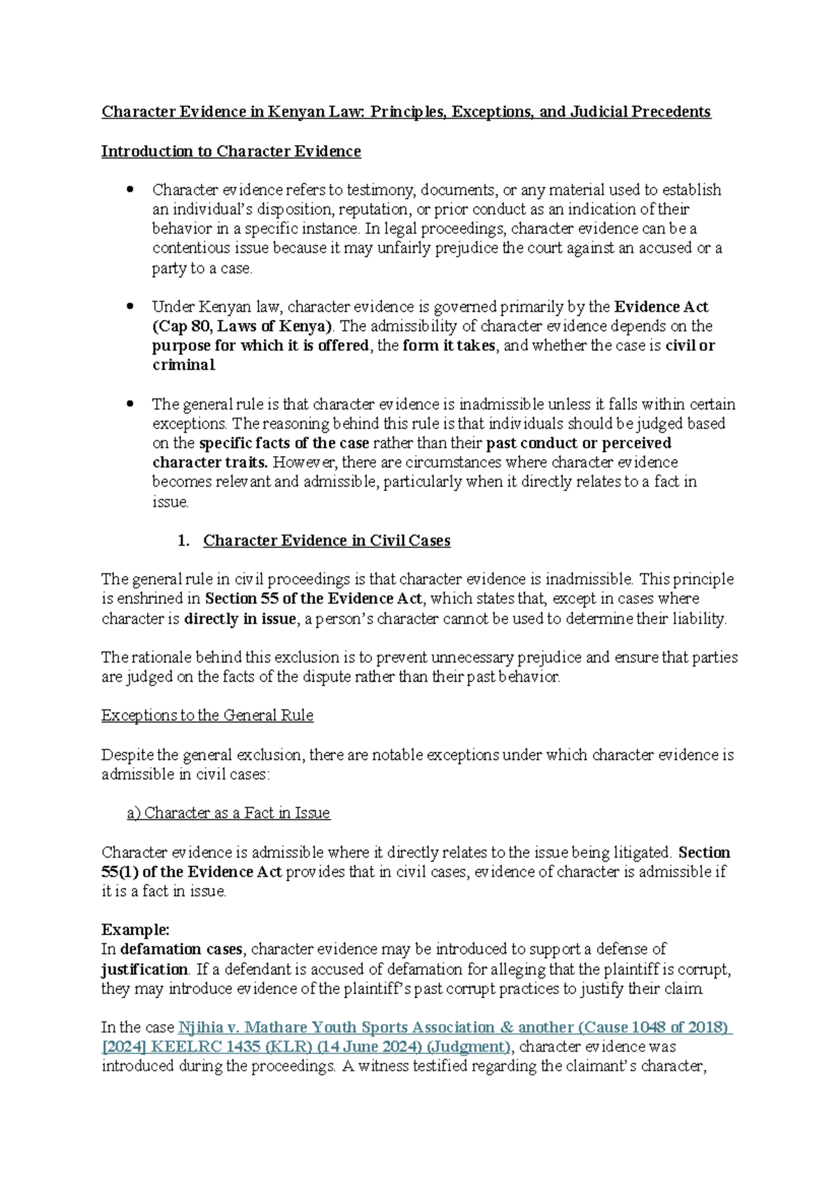 Character Evidence in Kenyan Law: Principles & Exceptions - Studocu
