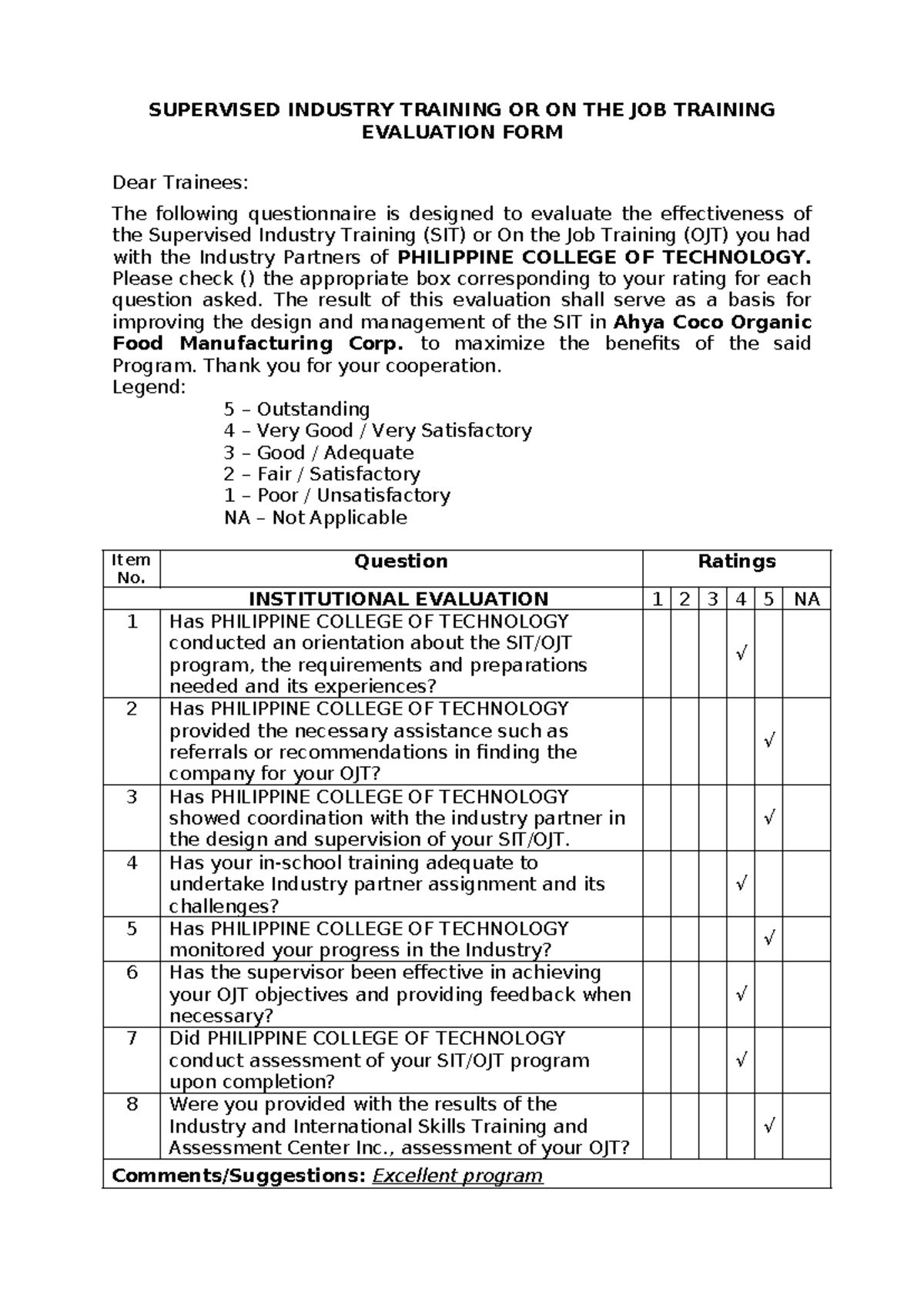 OJT Evaluation Form for Supervised Industry Training (SIT) - Studocu