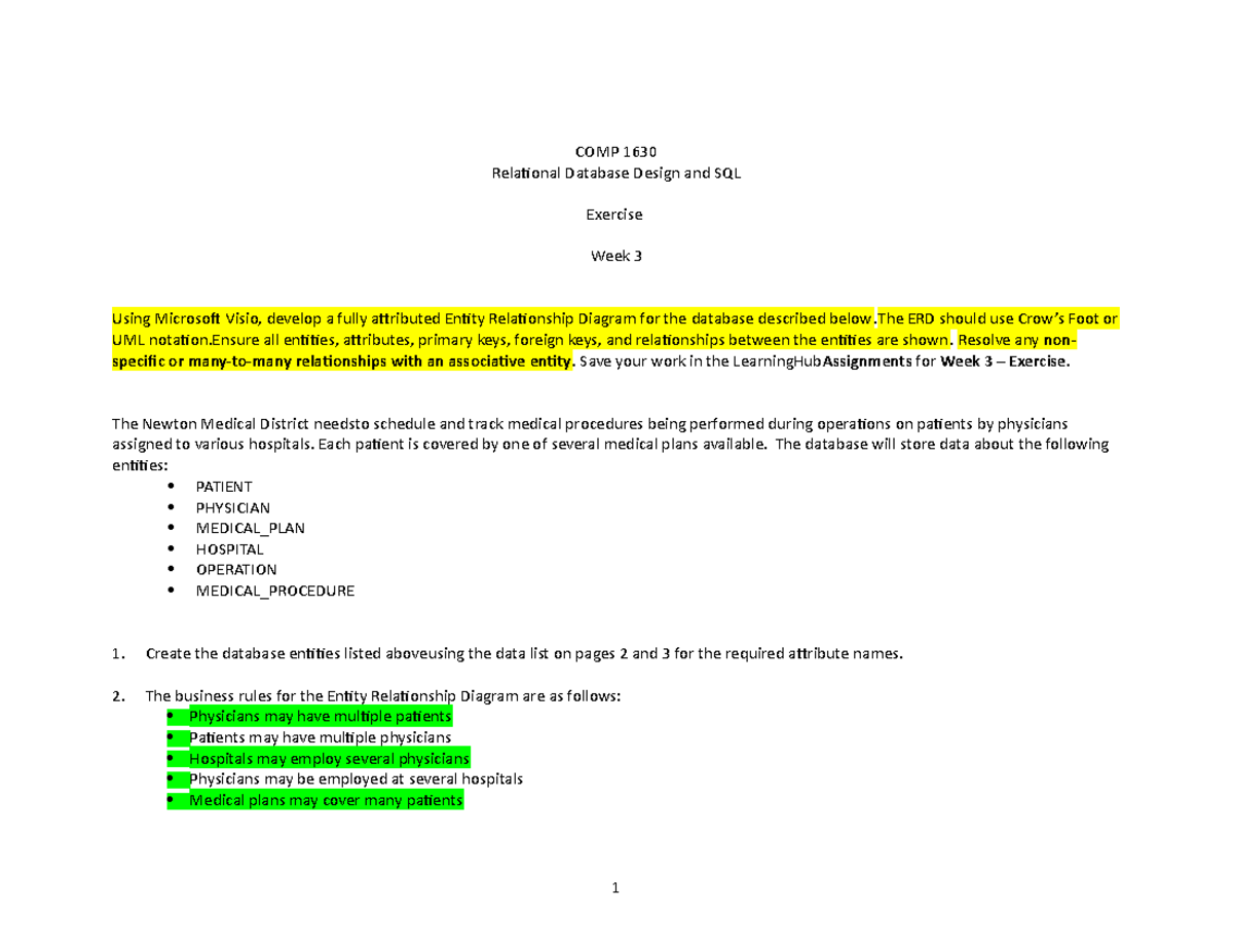 Exercise Week 3 for assignment - COMP 1630 Relational Database Design and SQL Exercise Week 3 ...