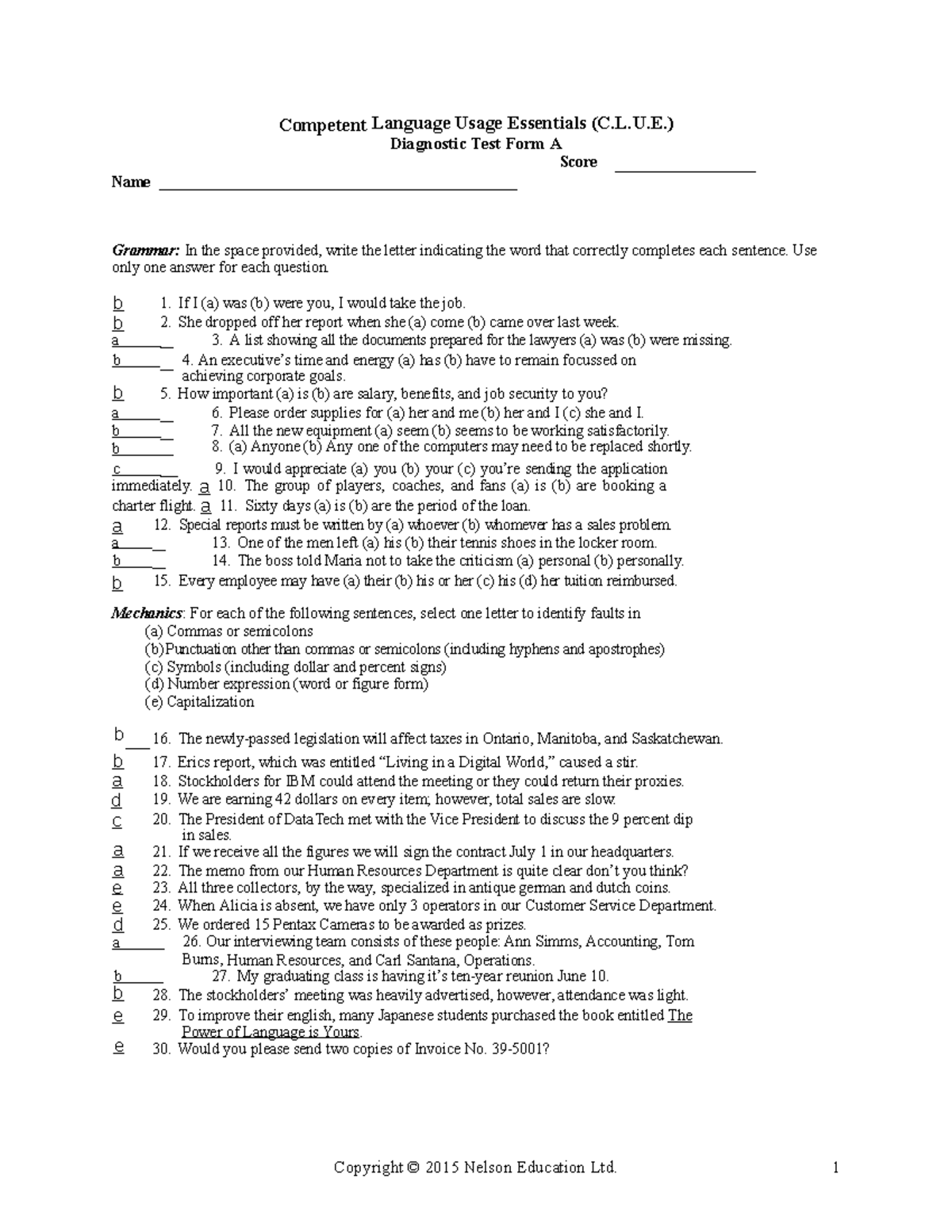 Chapter 1 Grammar Diagnostic Test Form A (Practice) - Studocu