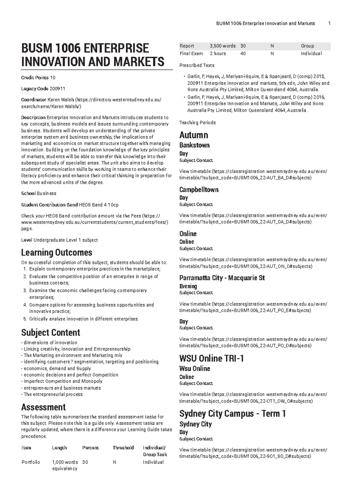 BUSM1006 - Course Outline for Enterprise Innovation & Markets - Studocu