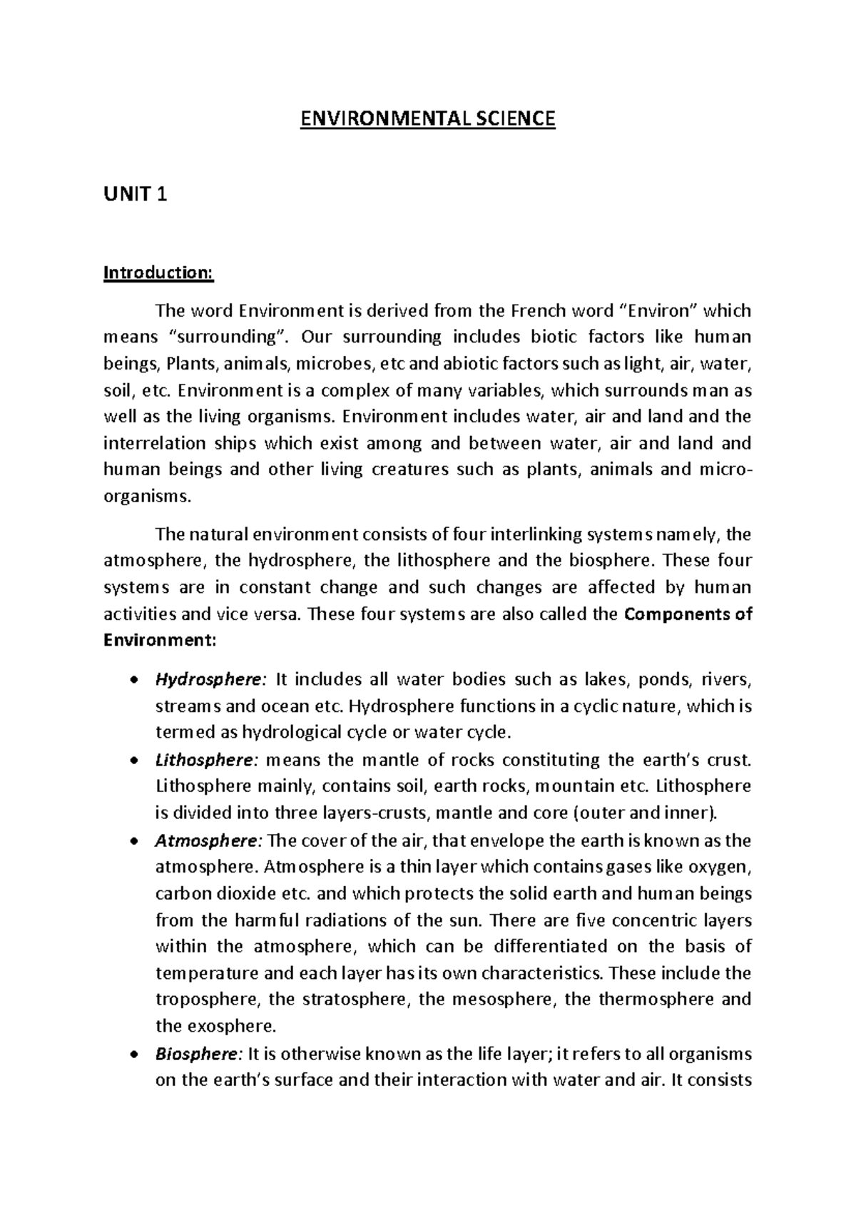 Environmental Science Unit 1: Understanding Our Surroundings and ...