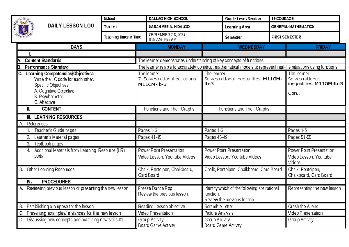 Daily Lesson Log: General Mathematics (1st Sem, Sept 2024) - Studocu