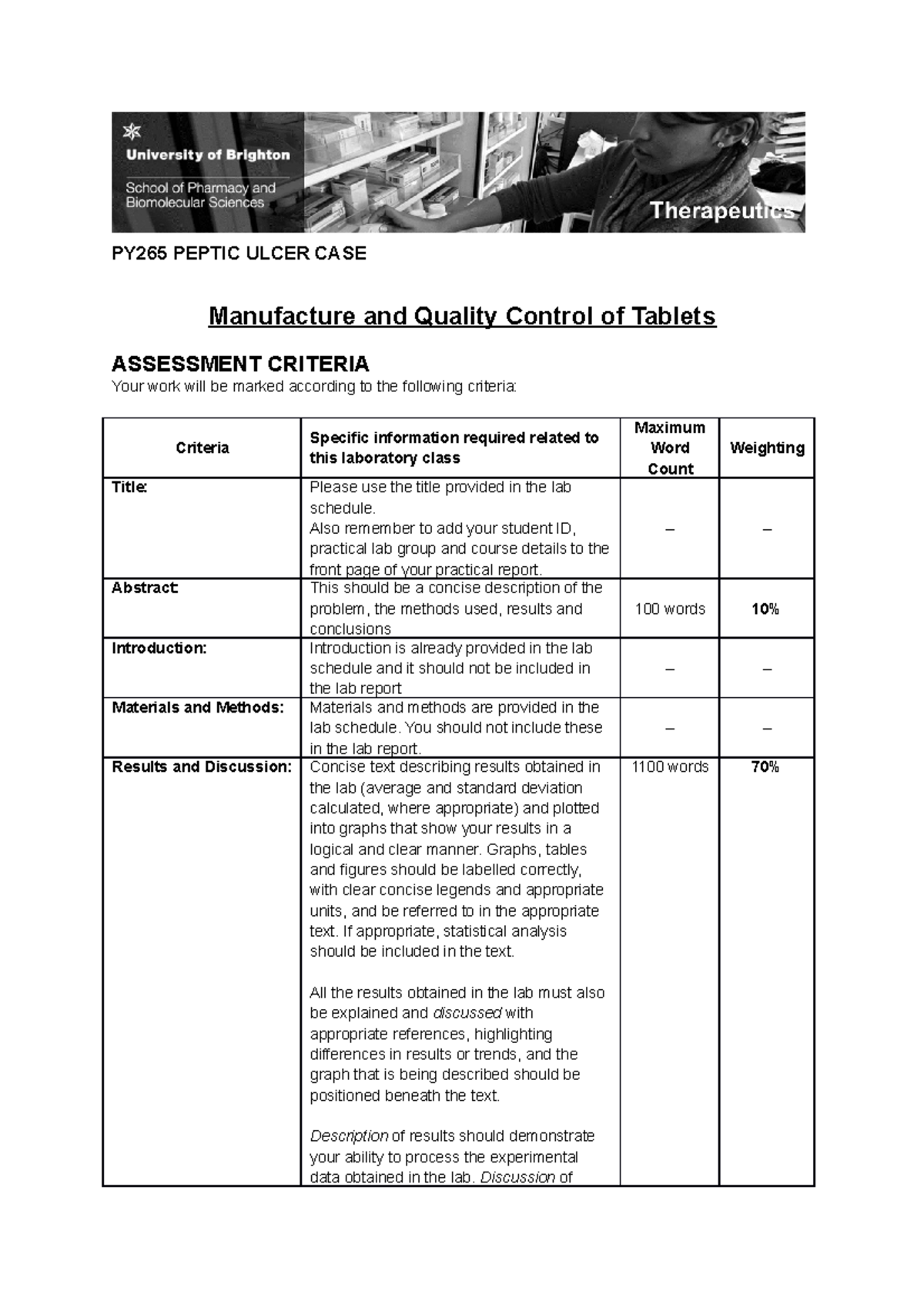 PY265 Tablet Lab Report Marking Scheme & Assessment Criteria 2023-24 ...