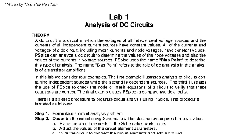 Lab 1 - Analysis of DC Circuits with PSpice Techniques - Studocu