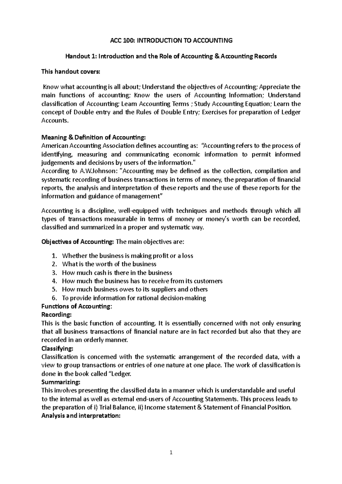 ACC 100 Handout 1: Essentials of Accounting & Ledger Entries - Studocu