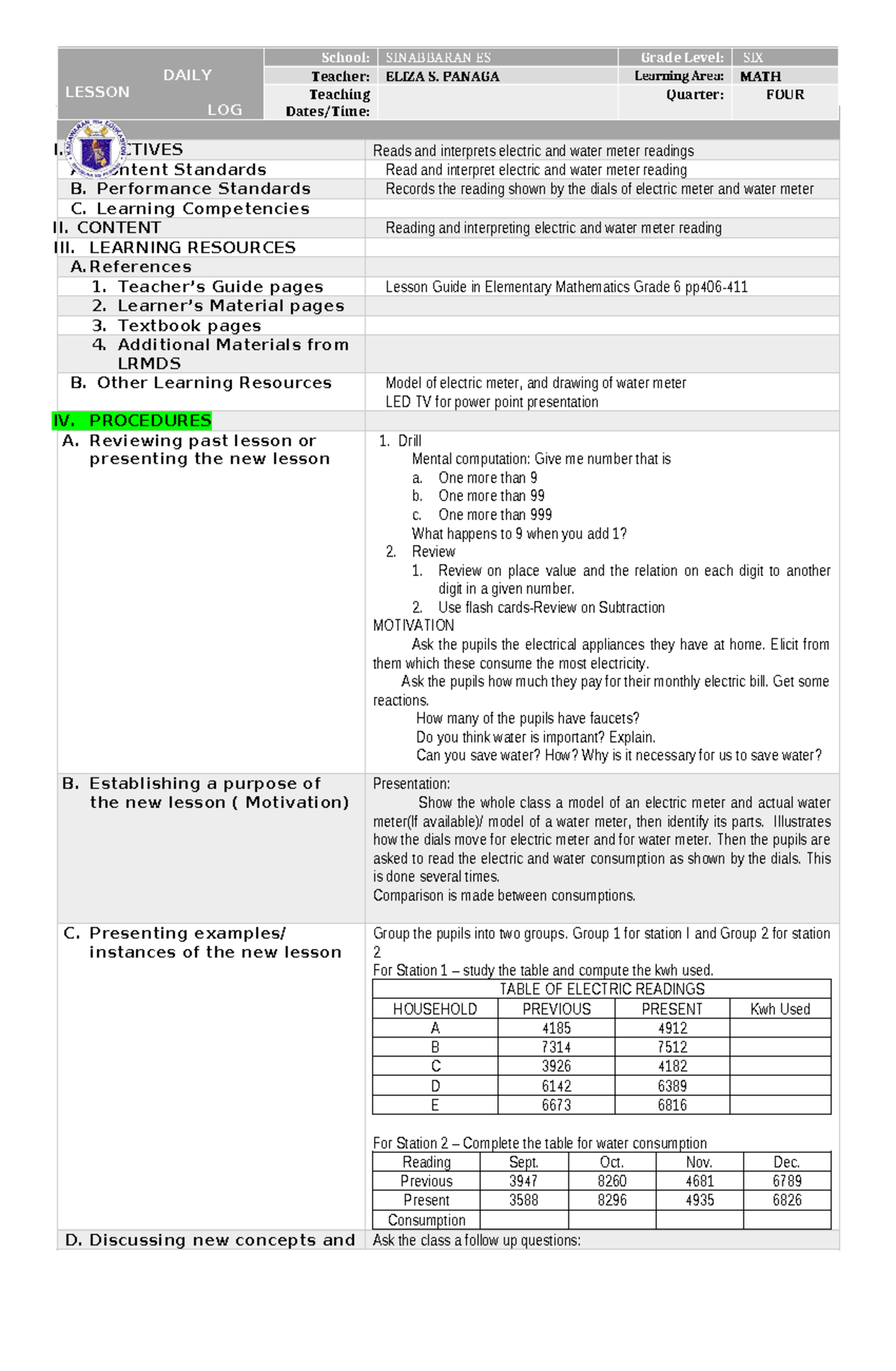 MATH-6-COT: Lesson Daily Log on Electric & Water Meter Readings - Studocu