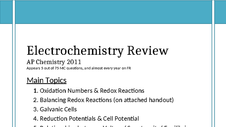 Electrochemistry Diploma Review with Answer Key AP Chem 2011 - Studocu