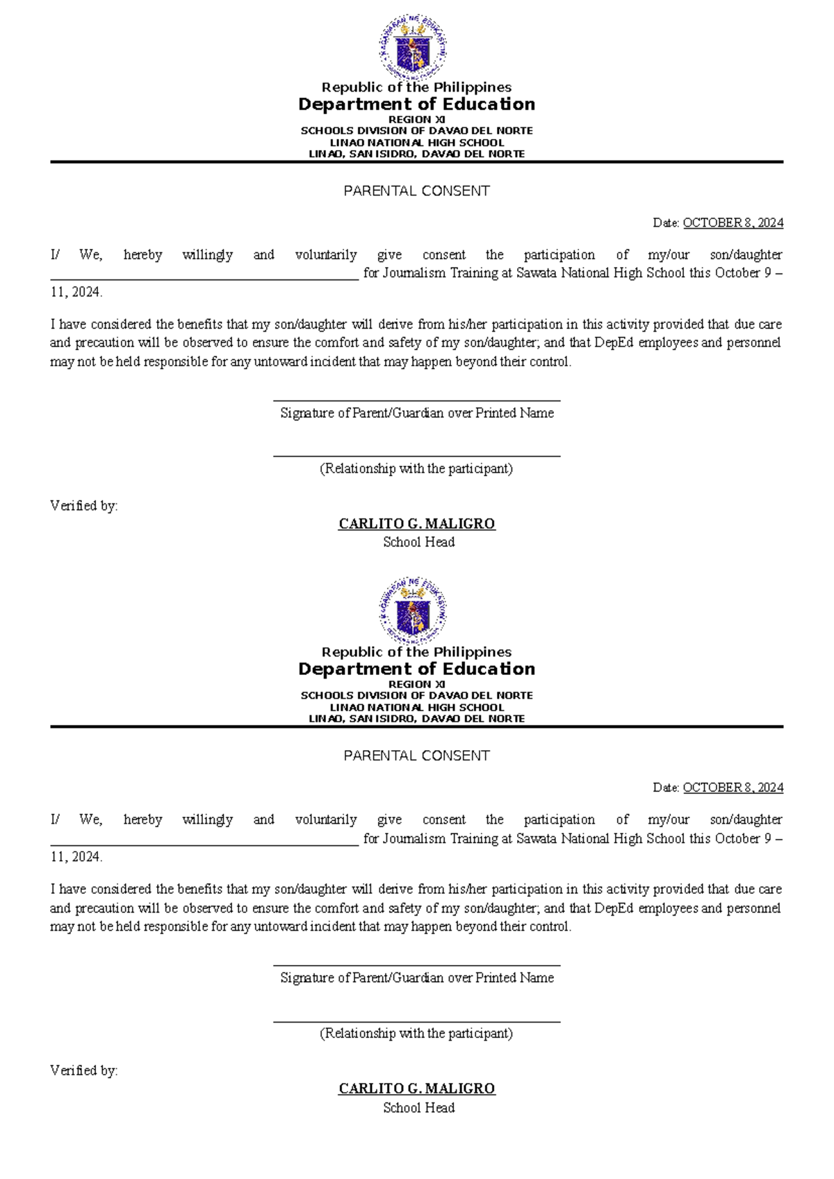 Parental Consent Form for Journalism Training - DFOT - Studocu