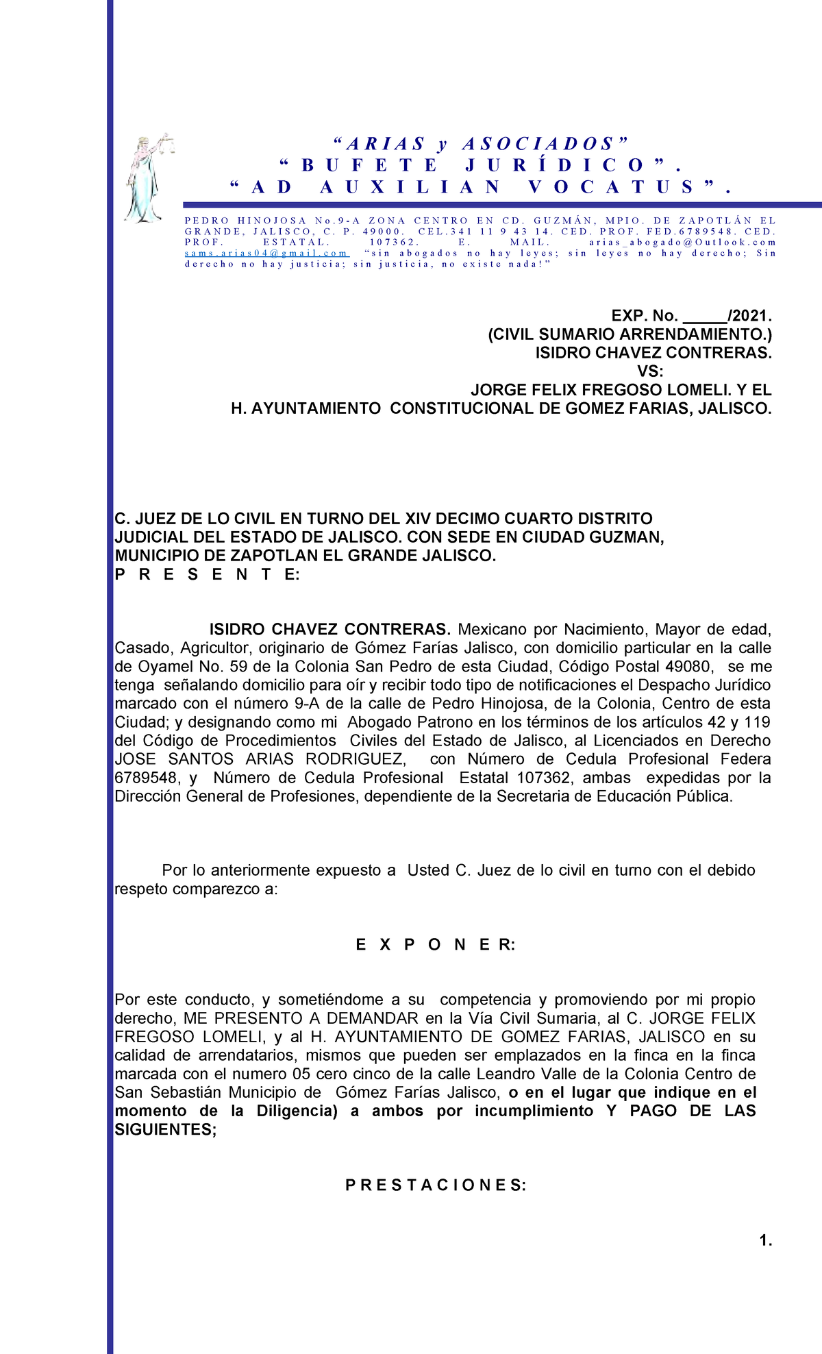 C. Isidro Chavez Contreras. CIVL Sumario Arrendamiento - “ A R I A S y ...