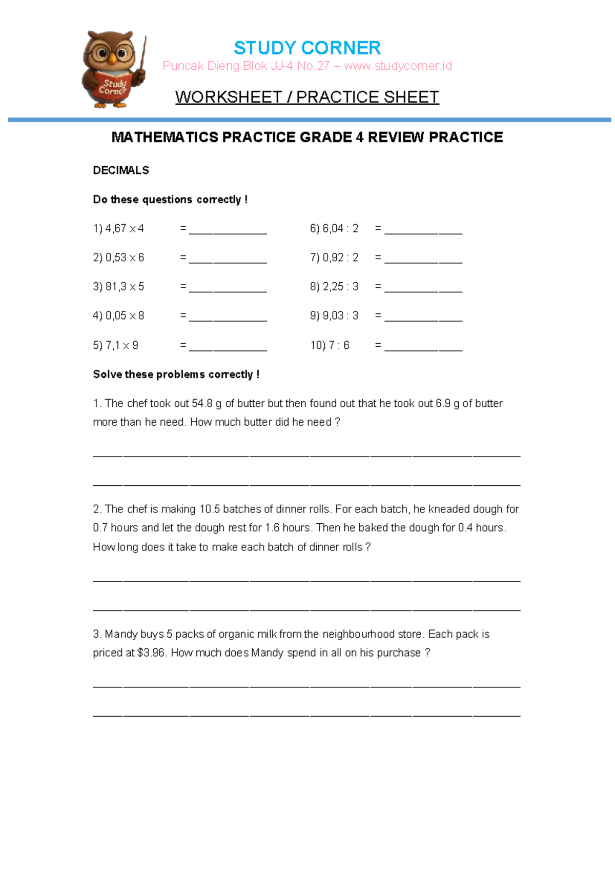 Mathematics Practice Worksheet G4: Decimals & Word Problems - Studocu