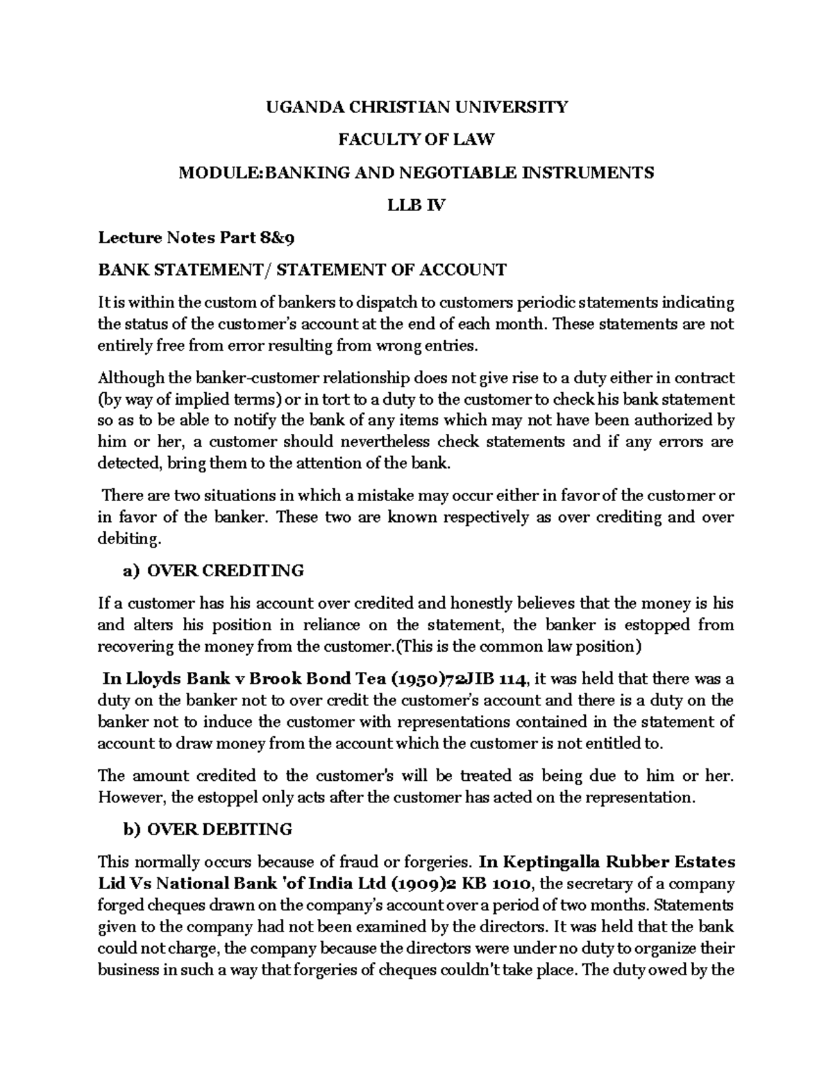 Lecture Notes LLB IV - Banking & Negotiable Instruments: Parts 8 & 9 ...