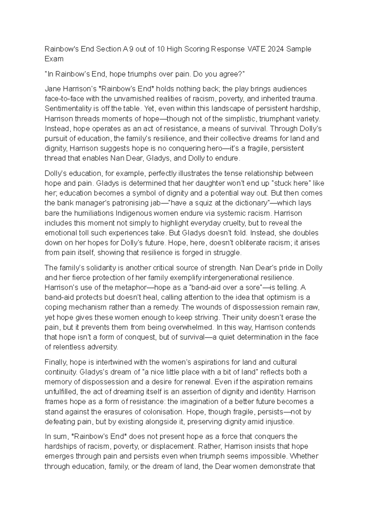 VATE 2024 VCE English Sample Exam: High Scoring Responses (9/10) - Studocu