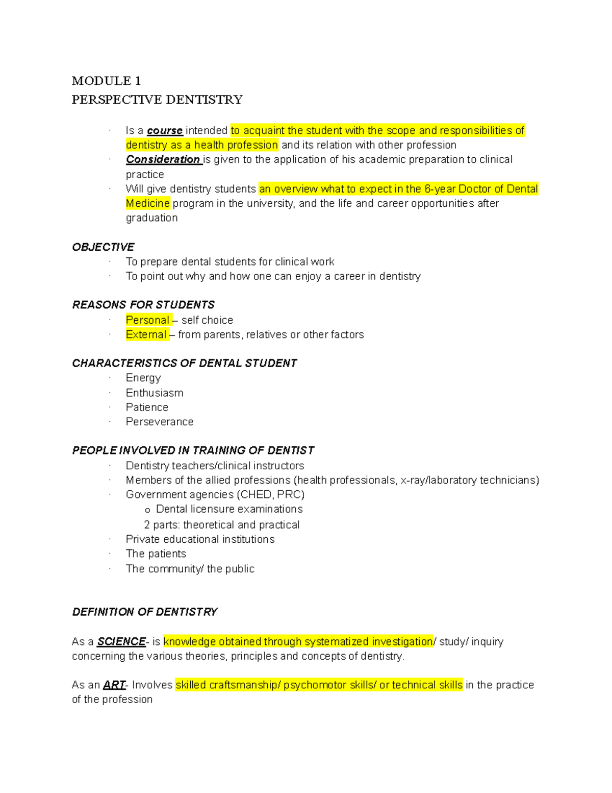Module 1 - Introduction to Dentistry: Lecture Notes 1-5 - Studocu
