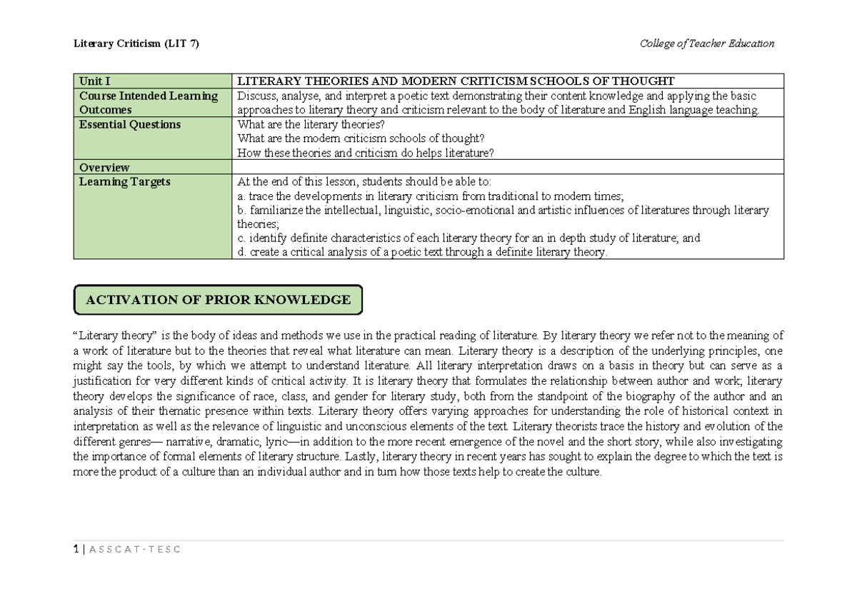 Literary Criticism (LIT 7) Unit I: Theories, Schools, and Learning ...