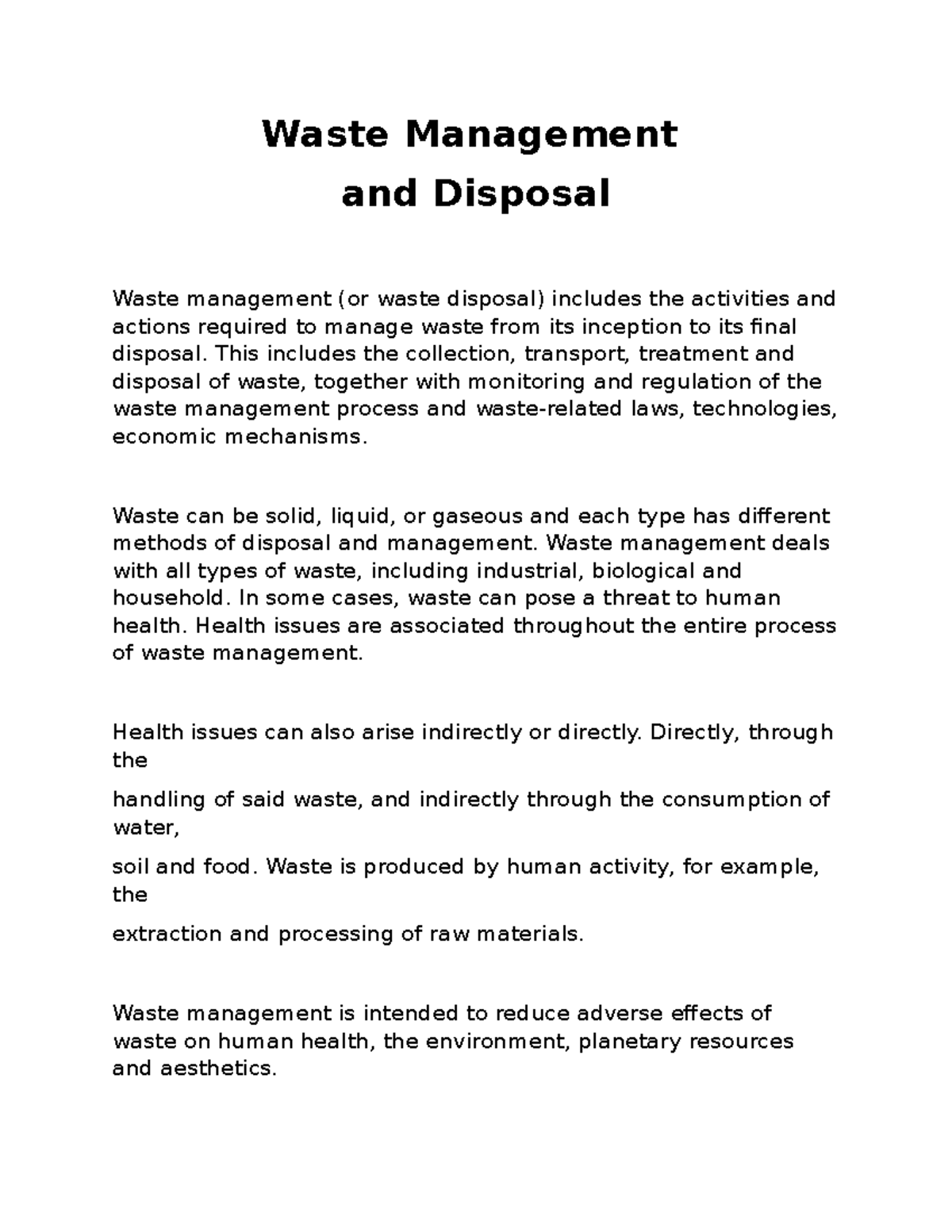 Waste Management and Disposal: Focus on Solid Waste Strategies - Studocu